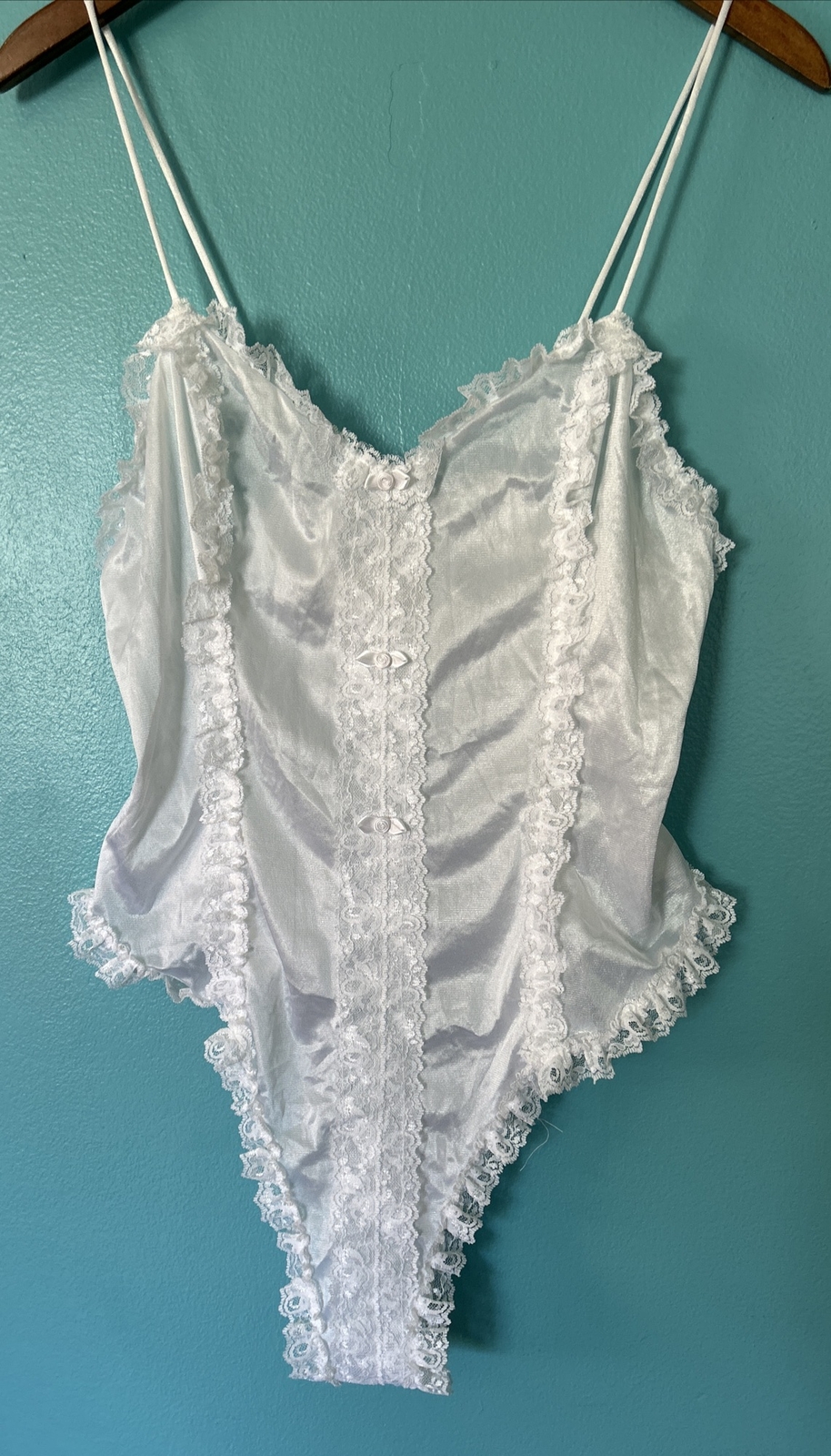Vtg High Leg Teddy Romper One Piece M Nylon Lace White Second Skin ...