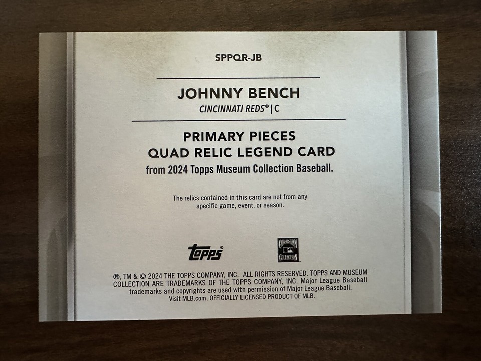 2024 Topps Museum Johnny Bench Primary Pieces Quad Relic Legends #/25 ...