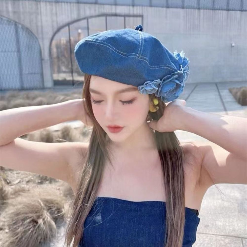 Denim Color Fluffy Beret Hat Contrasting Colors Flower Beret Cap | eBay