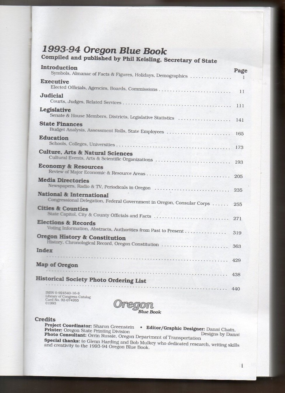 Oregon Blue Book 1993 - 1994 Executive Judicial Legislative State ...