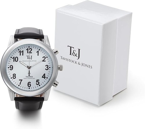 T&J Mens Radio Controlled Atomic Talking Speaking Watch Black Leather ...