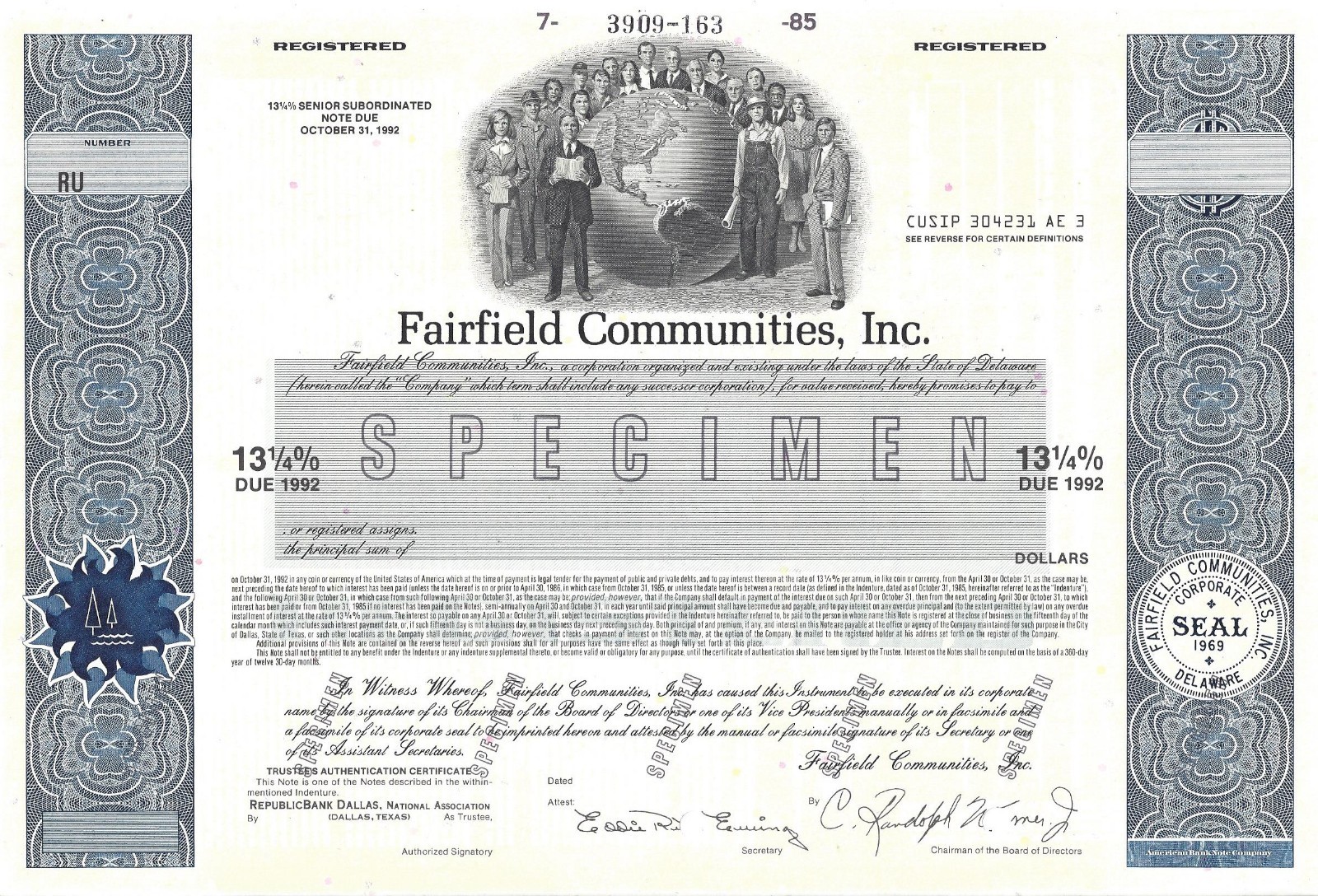 FAIRFIELD COMMUNITIES INC.......ABN "SPECIMEN" SUBORDINATED NOTE ...
