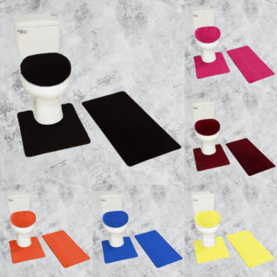 3PC BATHROOM SET RUG CONTOUR MAT TOILET LID COVER SOLID EMBROIDERY ...