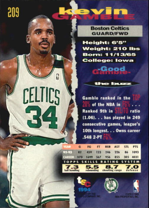 1993-94 Stadium Club Boston Celtics Basketball Card #209 Kevin Gamble ...