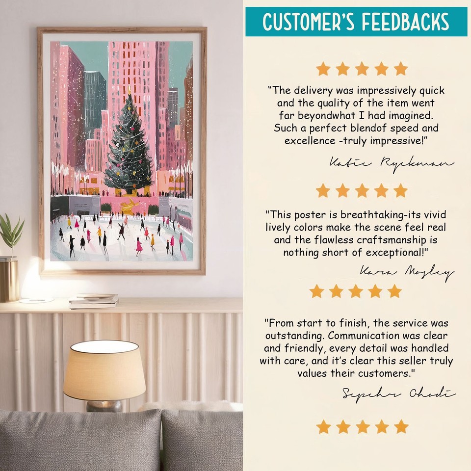 Rockefeller Center Christmas Poster , NYC Ice Rink, Winter Holiday Wall ...