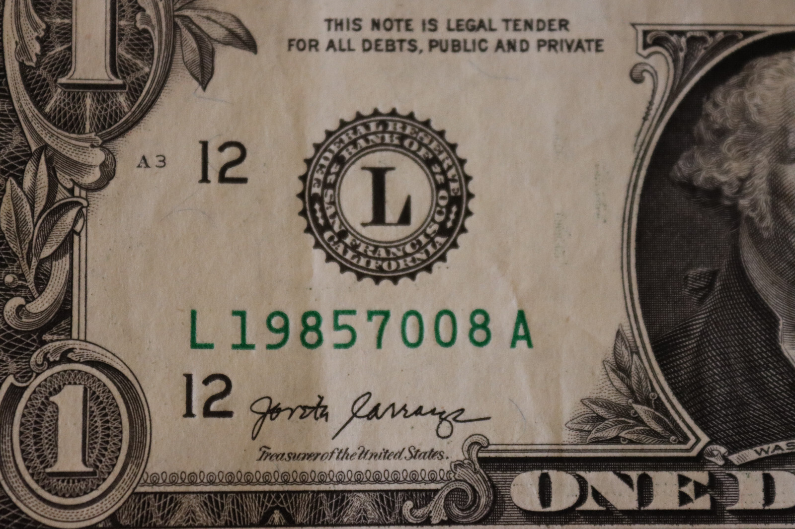 [JULY 8, 1985] $1 ONE DOLLAR BIRTHDAY/ANNIVERSAR NOTE. SN # L 19857008 ...
