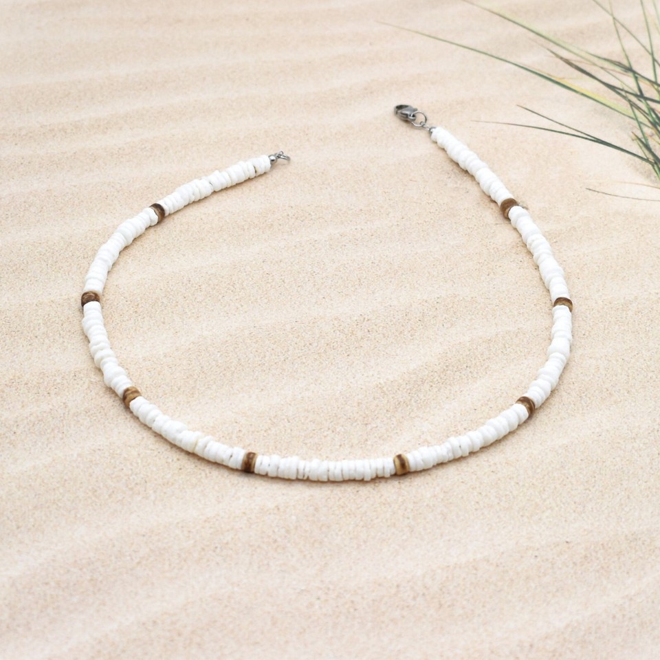 Bohemian Surfer Shell Necklace White Puka Shell Coconut Wood ...