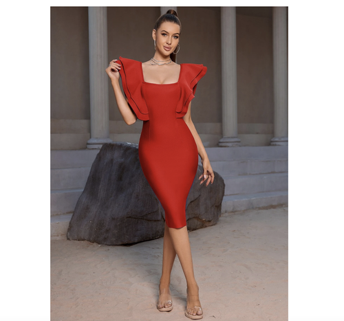 NEW! DESIGNER COUTURE RED RUFFLE SLEEVE SQUARE NECK BANDAGE DRESS ...