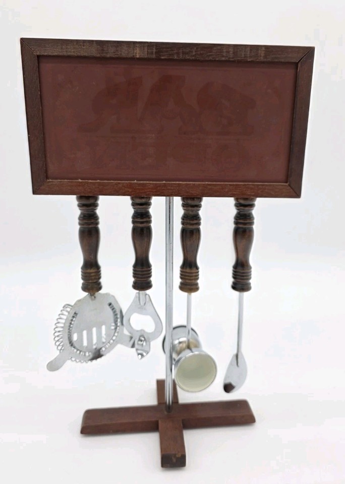 Vtg Bar Open Mirror Sign 5 Piece Set Cocktail Bartender Tools Stainless ...