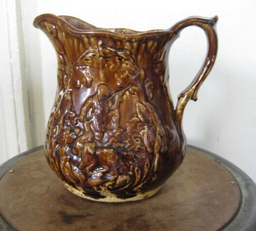 Antique Rockingham Bennington Glazed Pottery Pitcher Hunting Scene Man ...