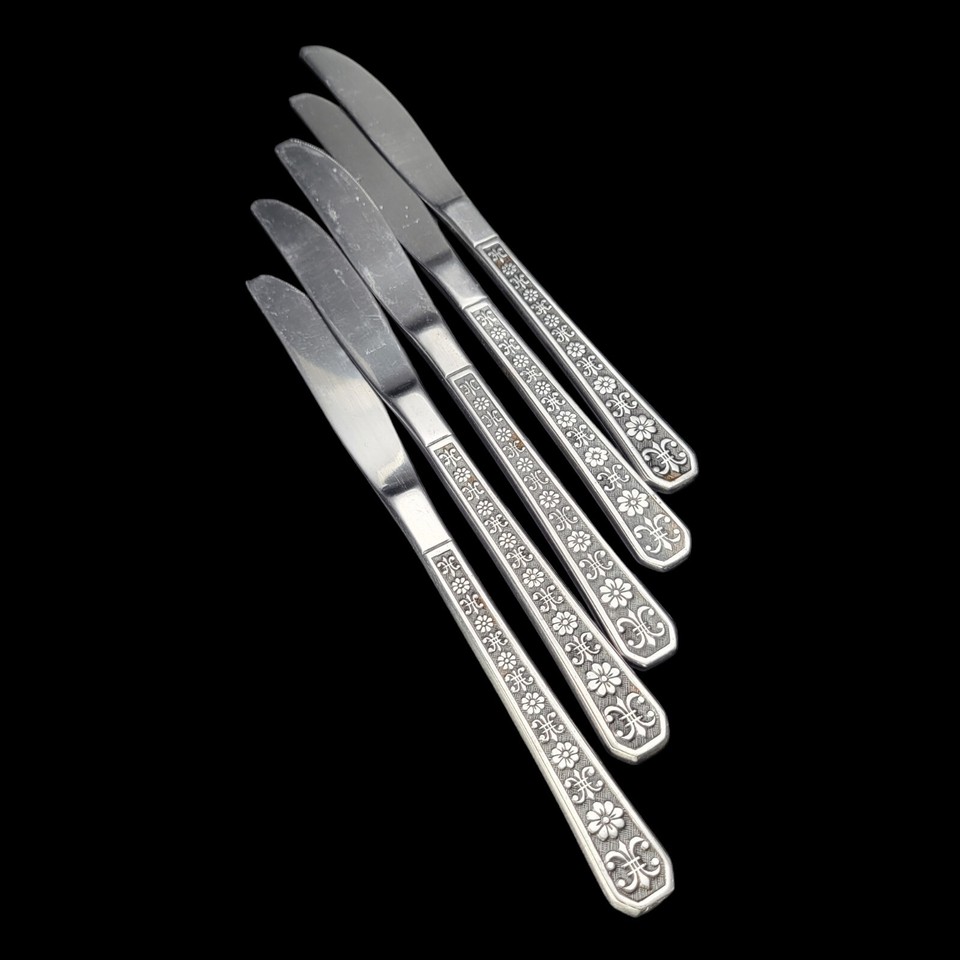 5 INTERPUR Stainless Table Knives Flatware FLORENZ Floral Fleur De Lis ...