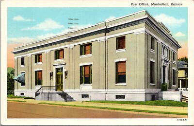 Manhattan Kansas KS US Post Office Riley County Flag c1940s Postcard ...