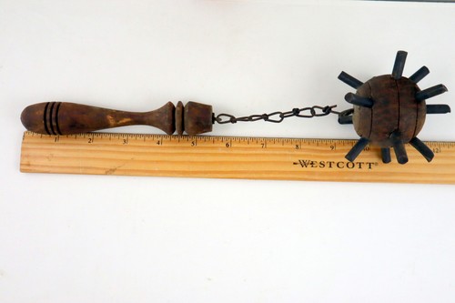 Antique Iron Spiked Flail Mace Wooden Ball & Handle Old Chain Linked 12 ...