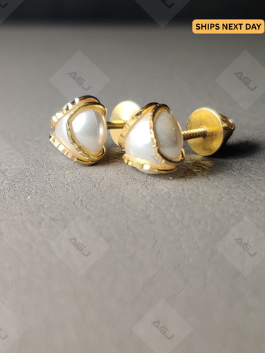18K Gold Pearl Stud Earrings | Triangular Bezel Set Pearl Earrings ...