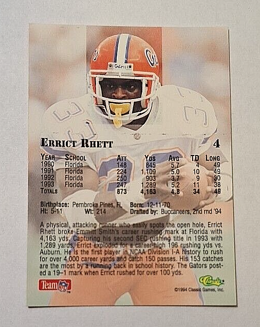 1994 Classic Draft '94 #4 Errict Rhett Rc Tampa Bay Buccaneers ...