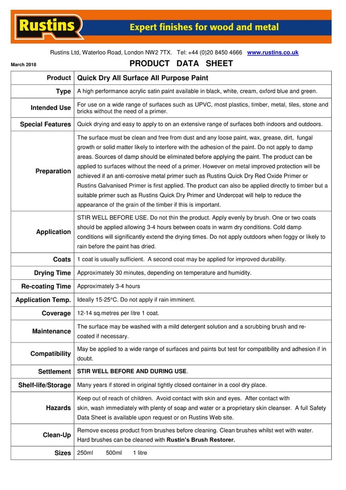 Satin Finish All Purpose All Surface Paint Rustins ASAP - All Colours ...