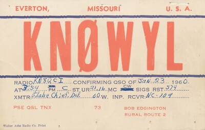 QSL CARD HAM RADIO KN0WYL K0WYL BOB EDGINGTON EVERTON, MISSOURI YEAR ...