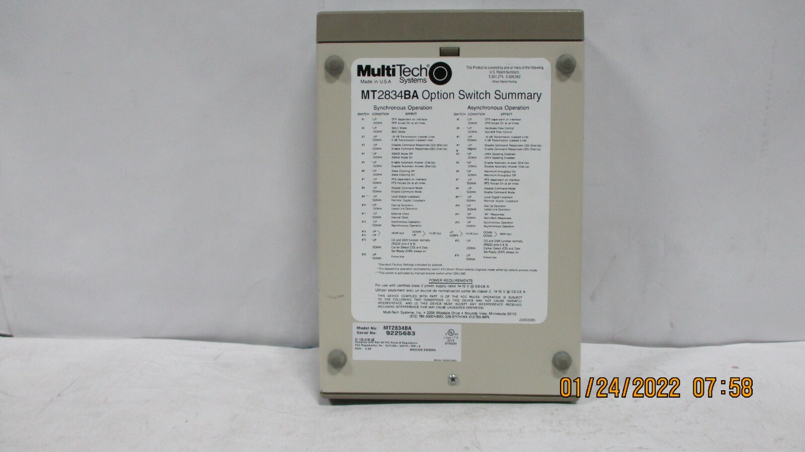 MultiModem II MT2834 Series 33.6Kbps Intelligent Modem Model MT2834BA ...