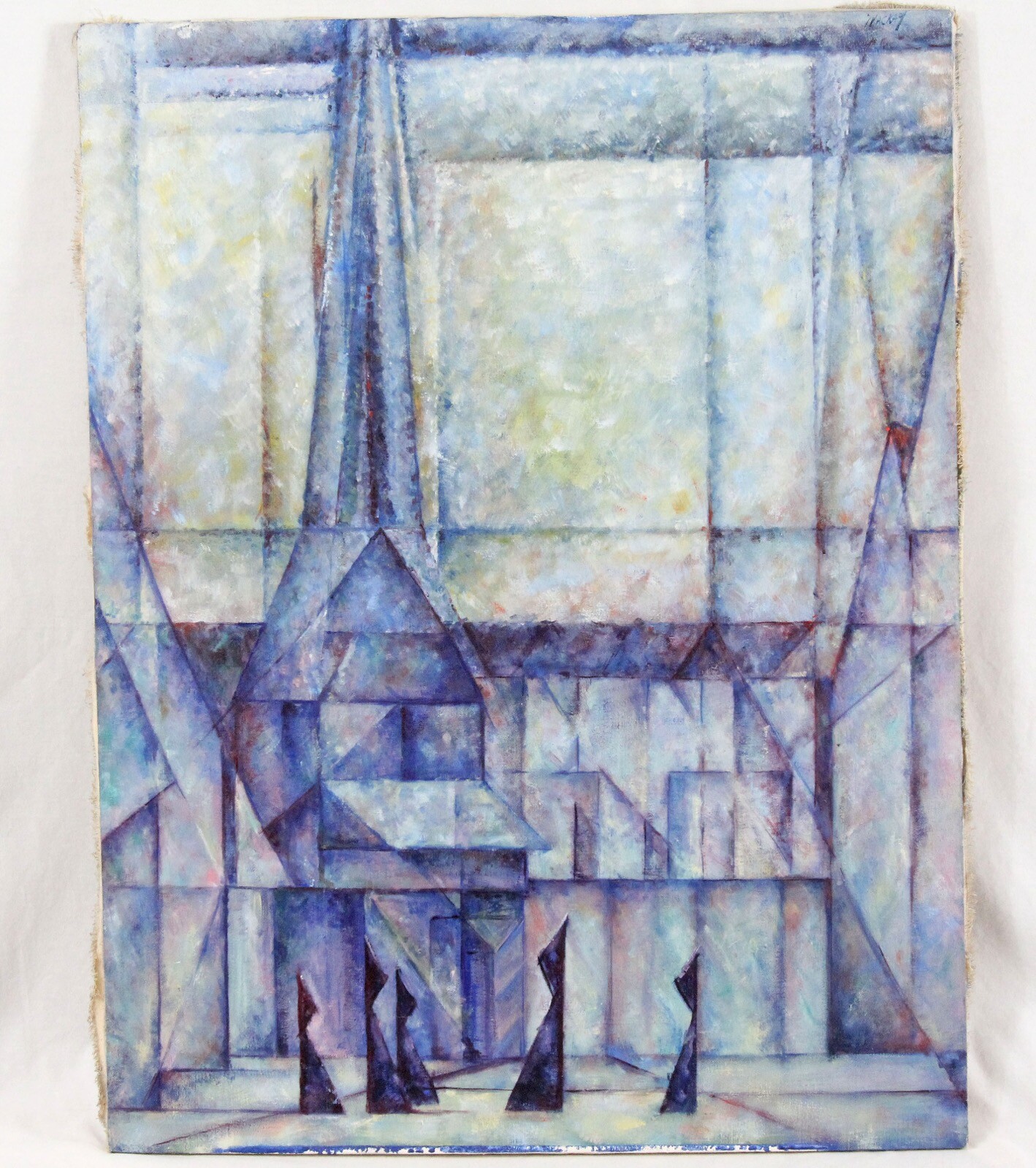 Mackay Vintage 26x34 Oil Painting Abstract Blue Cubist Church Monks ...