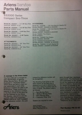 Ariens 932000 Compact Sno-Thro Parts Manual 1980 Snow Thrower Blower ...