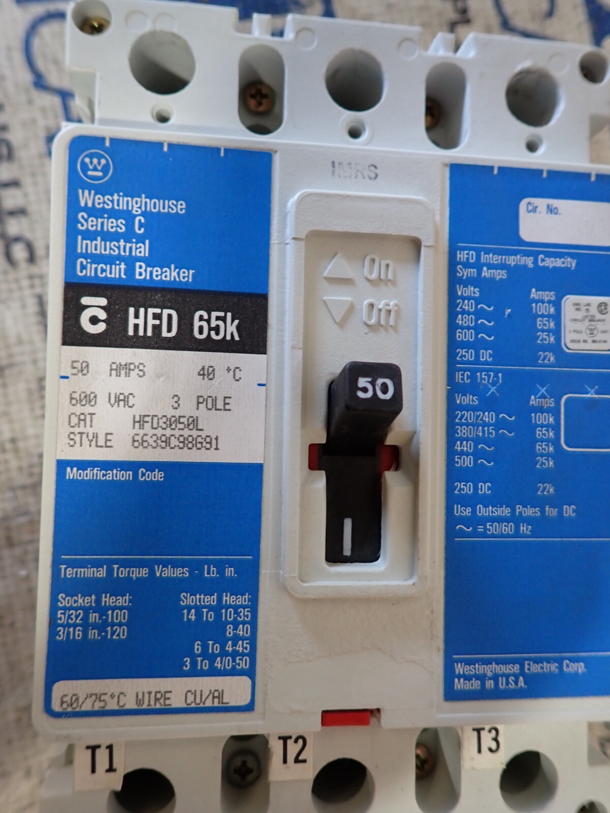 Westinghouse HFD3050 50 Amp 600 VAC 3 Pole 65kA@480v Type HFD Breaker ...
