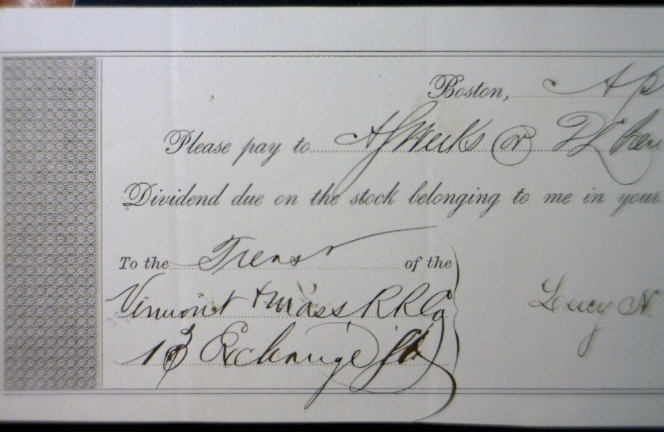1876 Boston MA. Bank Check Dividend Stock Shares? NICE CRISP AU + Note ...