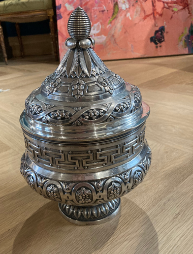 Antique Silver Covered Urn Repoussé Greek Key,Fruit & Foliage Motifs 2. ...