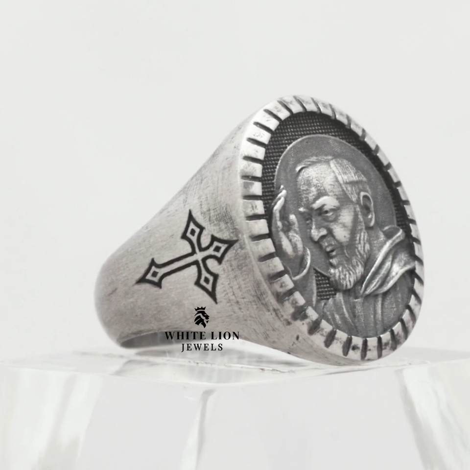 Padre Pio Priest Signet Catholic Protection Family Man 925 Silver Gift ...