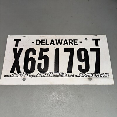 1999 Delaware Vintage TEMPORARY License Plate DE Temp Tag # X651787 ...