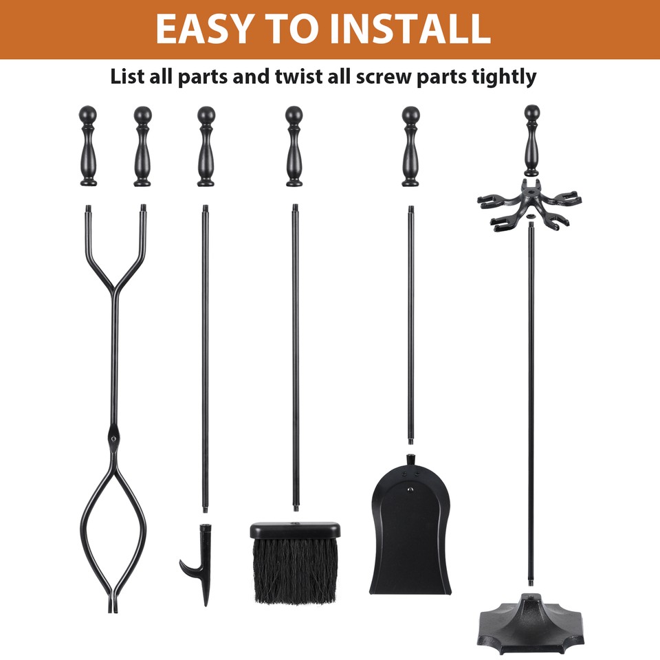 5PCS Fireplace Tools Wrought Iron Large Fire Tool Set and Holder w ...