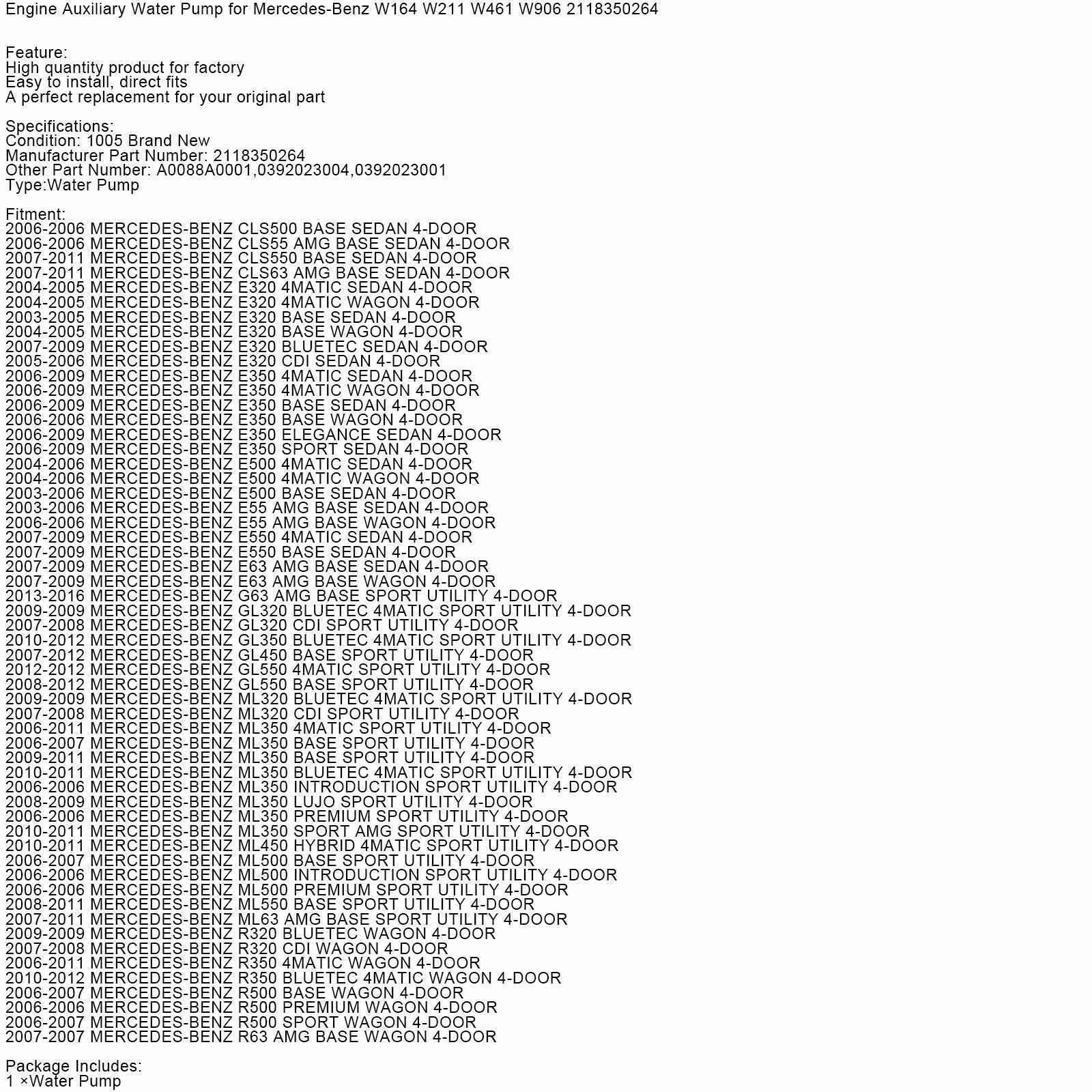 Engine Auxiliary Water Pump fits Mercedes-Benz W164 W211 W461 W906 ...