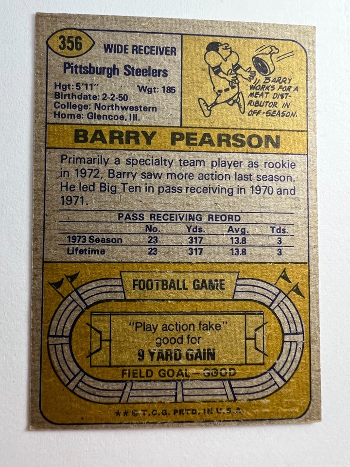 1974 Topps Barry Pearson Pittsburgh Steelers #356 Rookie RC | eBay