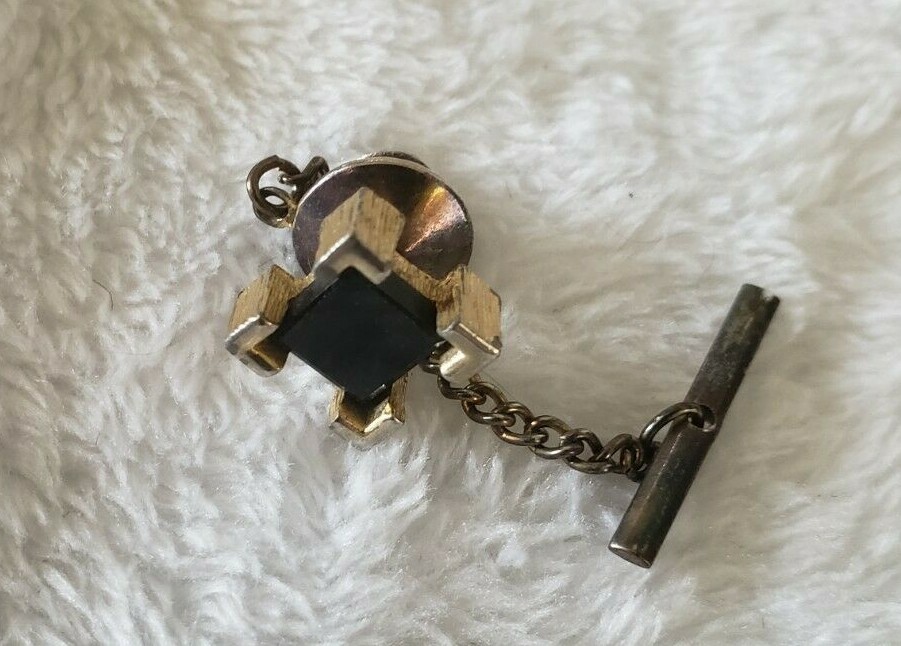 Vintage black stone tie tack art deco pin chain ou44 … - Gem