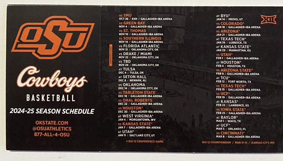 2024-2025 OKLAHOMA STATE COWBOYS Schedule 🏀 College Basketball Sked NEW ...