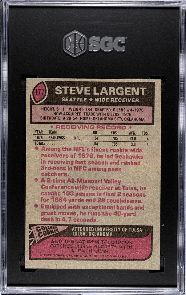 1977 Topps Football #177 - Steve Largent Seahawks Rookie SGC 7.5 NM+ RC ...