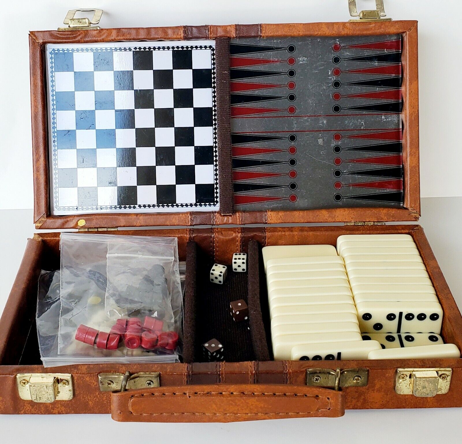 Backgammon Multiple Board Game Set~ Vintage Faux Leather Travel Case ...