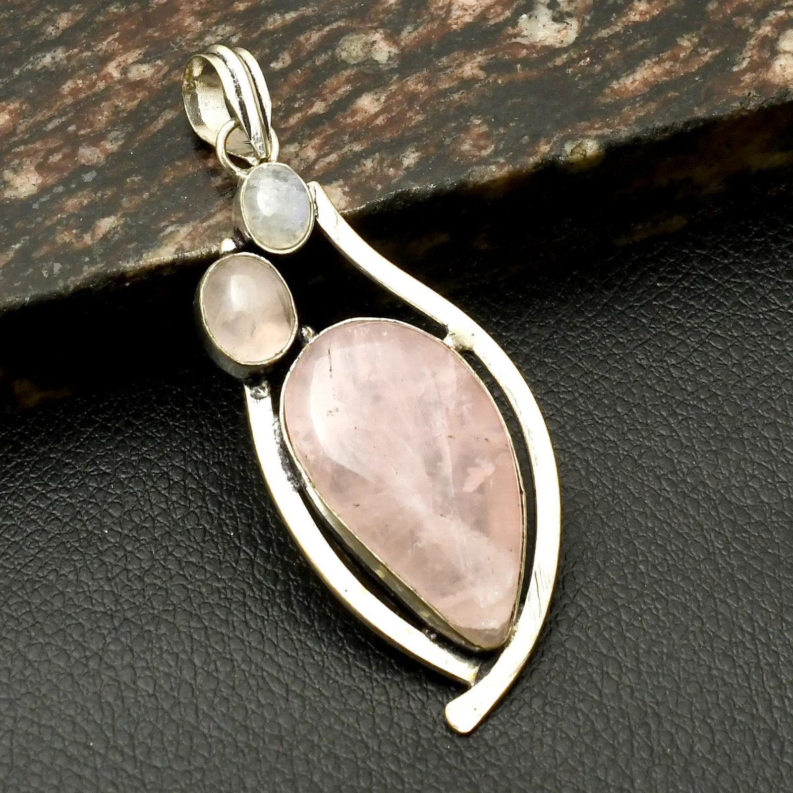 Rose Quartz Rainbow Moonstone Gemstone Handmade Pendant Jewelry 2.8" AP ...