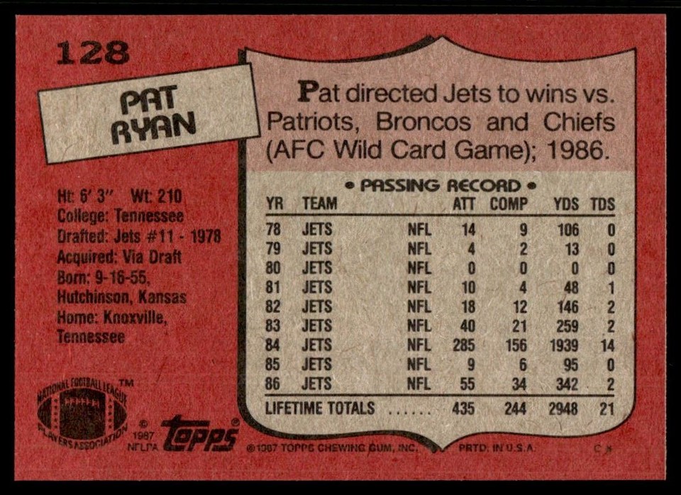 1987 Topps Pat Ryan New York Jets #128 | eBay