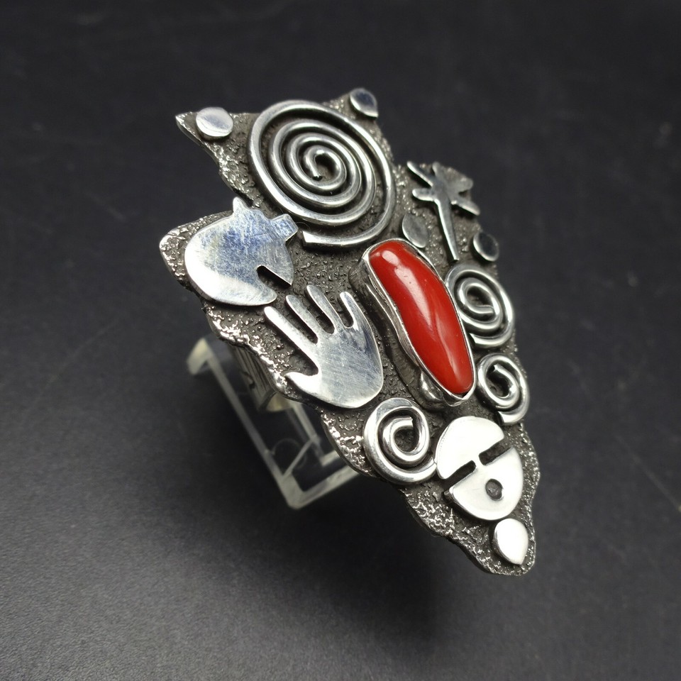 Alex Sanchez NAVAJO Sterling Silver PETROGLYPH RED CORAL Arrowhead RING ...