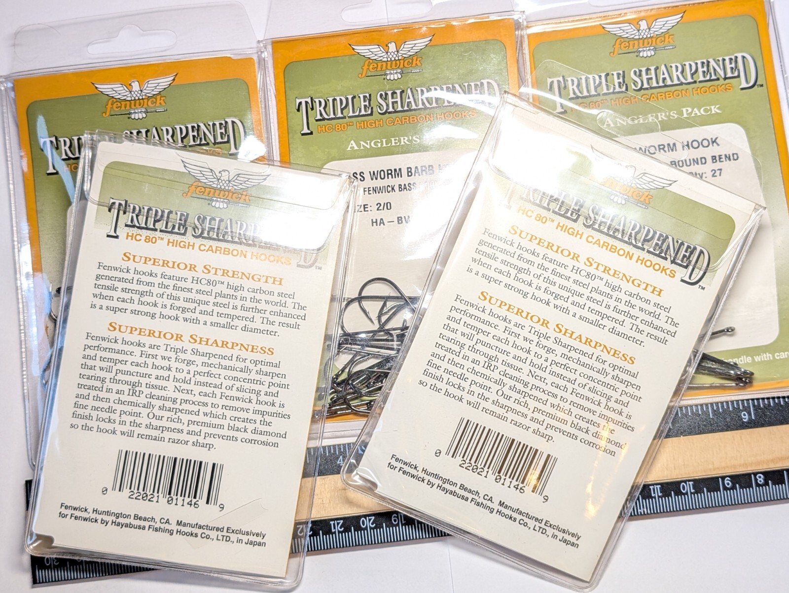 5 LOT FENWICK TRIPLE SHARPENED BASS WORM 27 HOOKS BARBED SIZE 2/0 HIGH ...