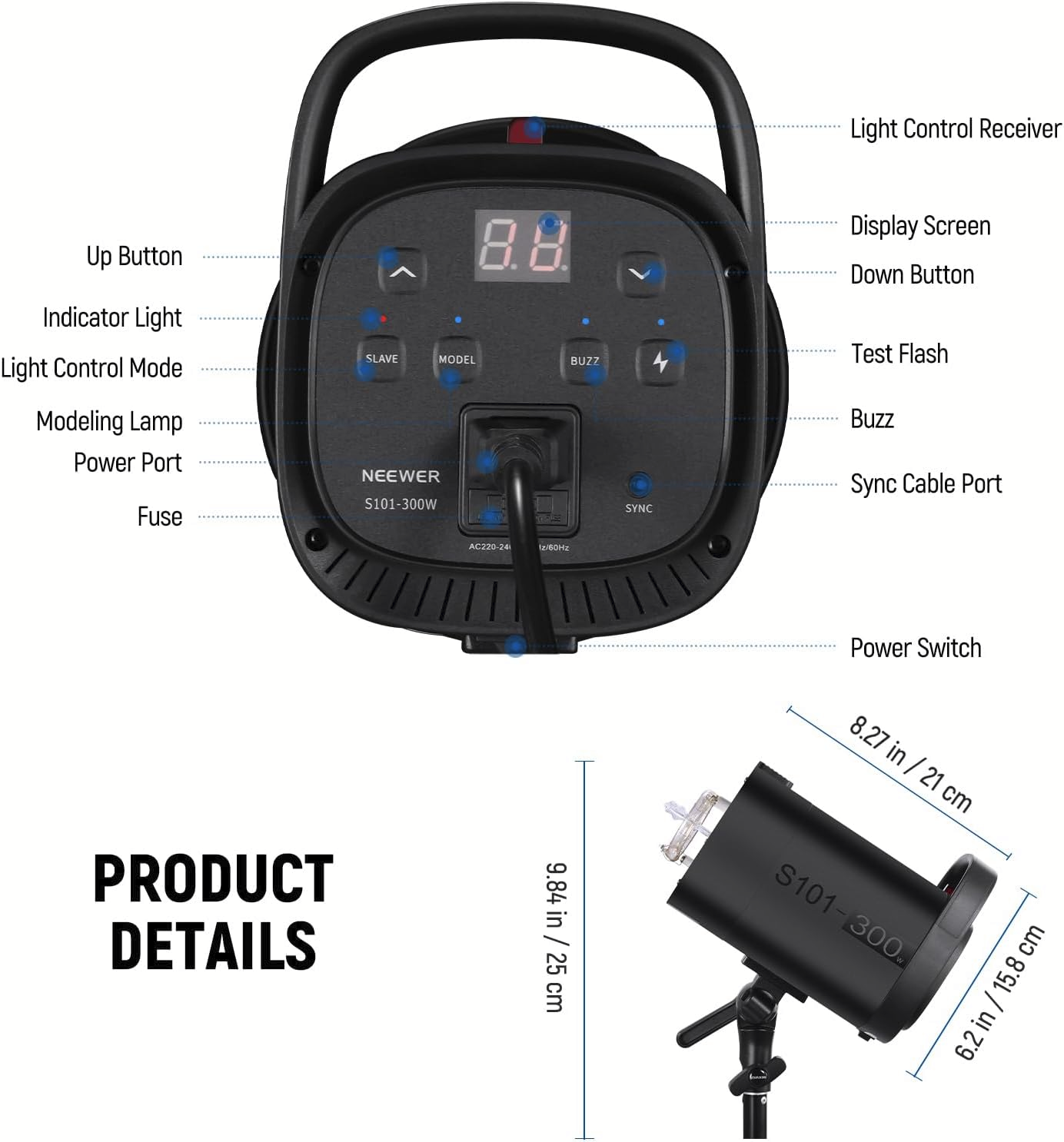 NEEWER S101-300W Strobe Flash Light with 9 Levels 150W Modeling Lamp ...