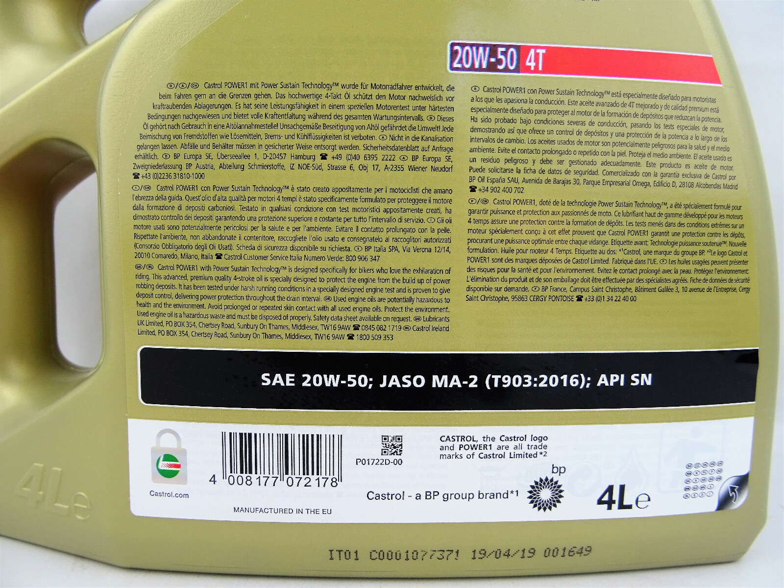 Castrol 20W50 Power1 Öl 4T 20W-50 Motorrad Öl Jaso MA-2 API SN 4Liter ...