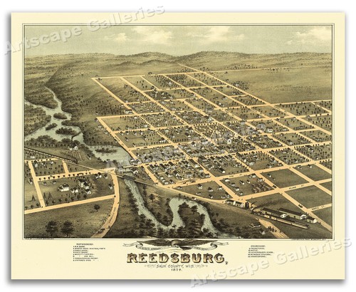 Bird's Eye View 1874 Reedsburg Wisconsin Vintage Style City Map - 16x20 ...