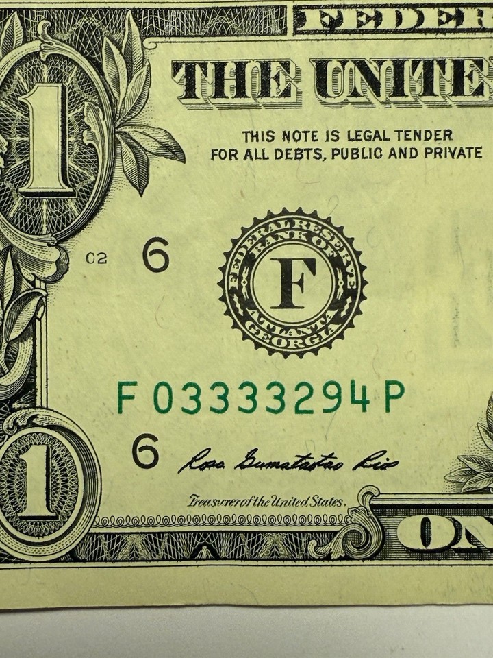 Four In A Row 3s One Dollar Bill $1 Fancy Serial Number F03333294P ...
