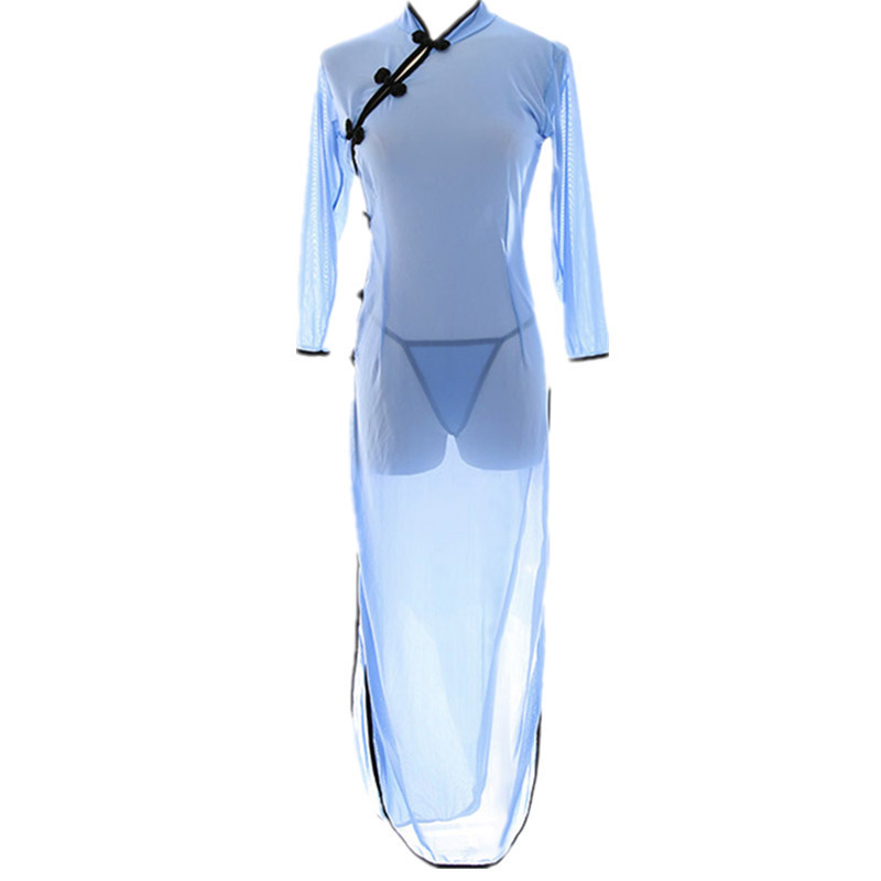 Womens Sexy Qipao Lingerie Sheer Cheongsam Long Dress Sleepwear Chinese ...