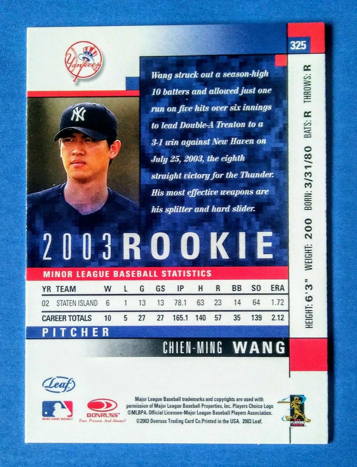 2003 Leaf New York Yankees #325 Chien-Ming Wang Rookie Baseball card | eBay