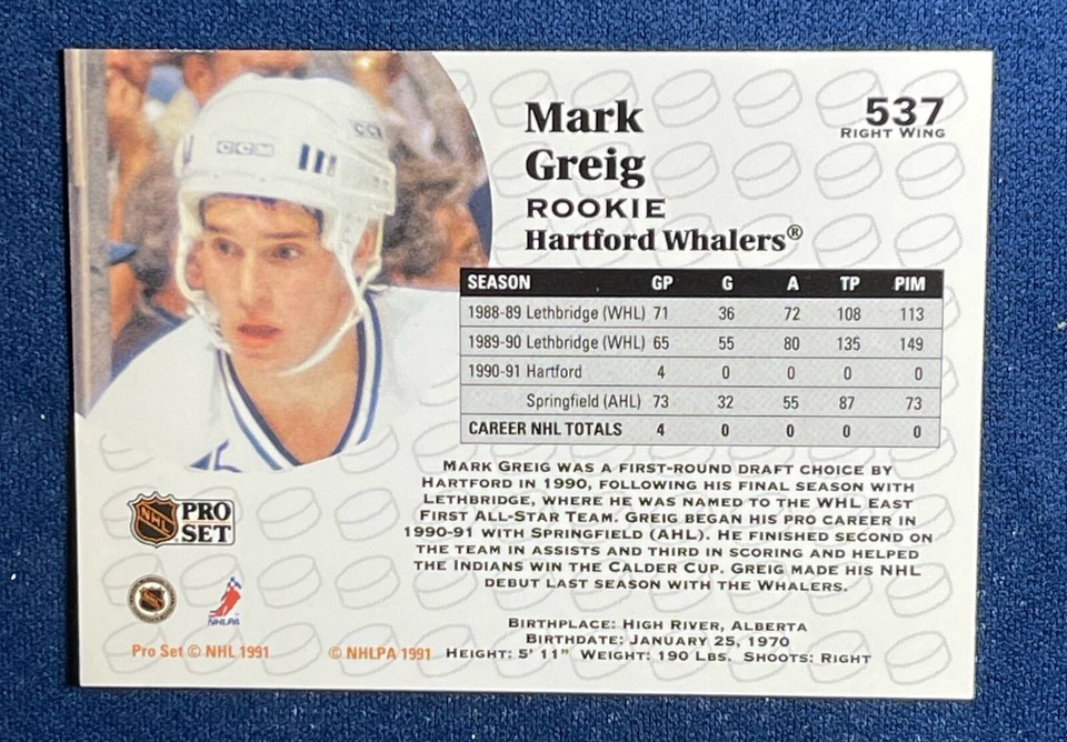 1991-92 PRO SET #537 MARK GREIG (HARTFORD WHALERS) HOCKEY CARD | eBay