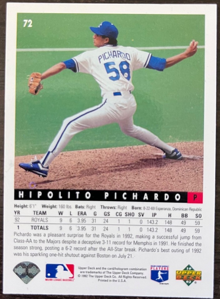 1993 Upper Deck #72 Hipolito Pichardo Kansas City Royals MLB Baseball ...