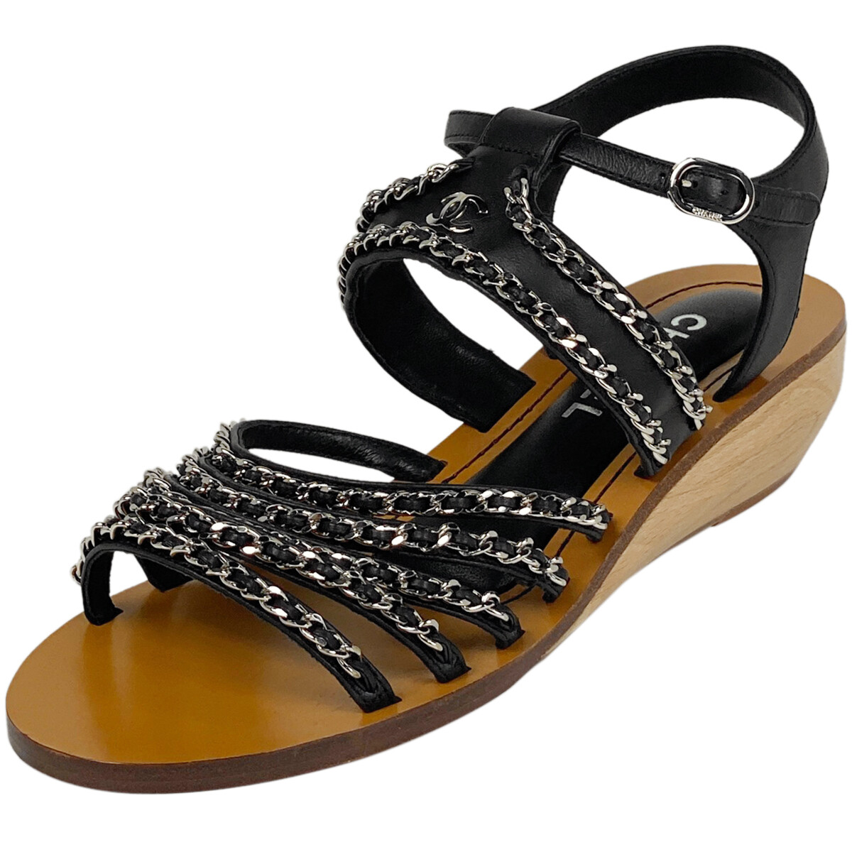 CHANEL (Interlocking) CC logo Chain Sandals Wood San… - Gem