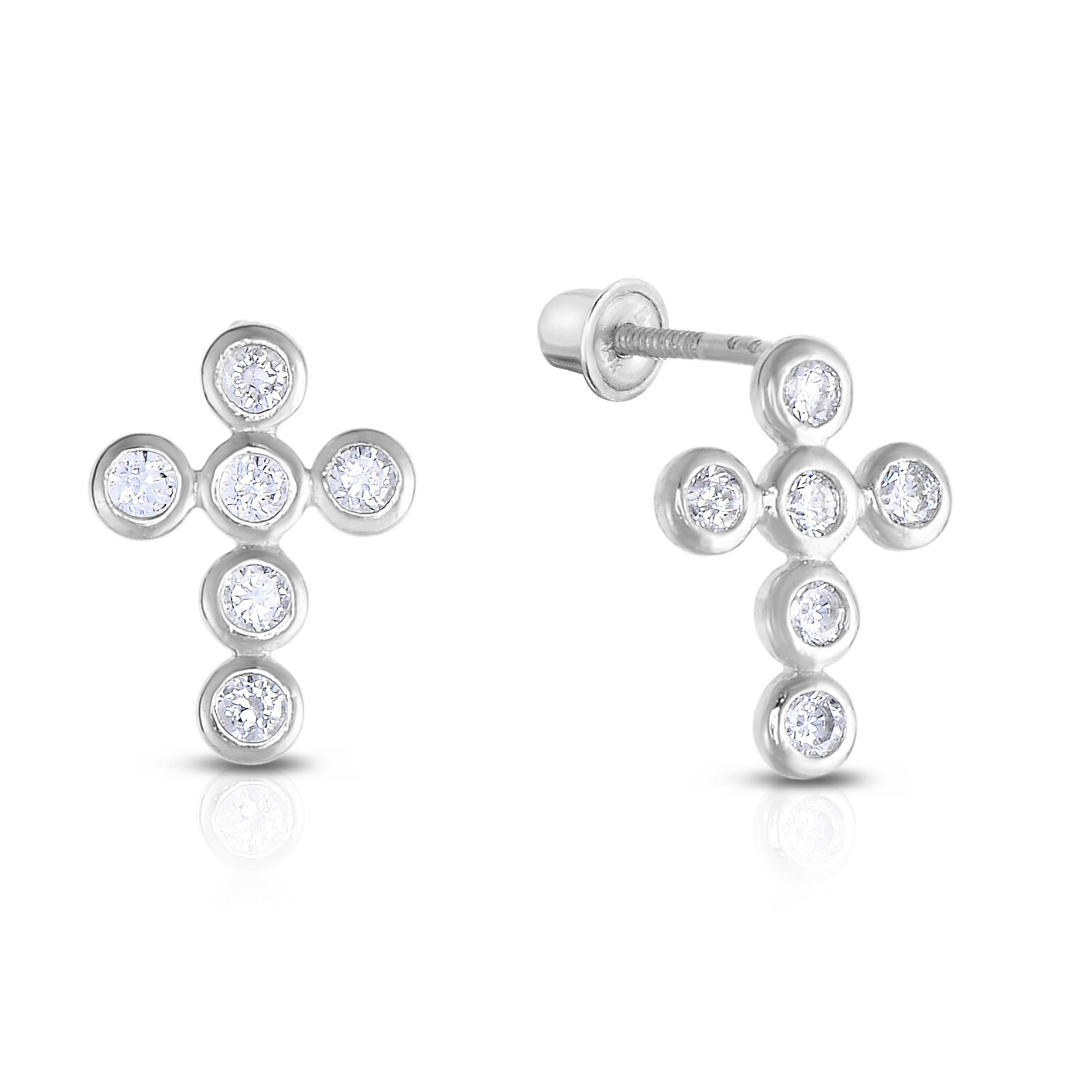 14K Real Solid Gold Bezel CZ Baby Cross Sleeper Studs Earrings Screw ...